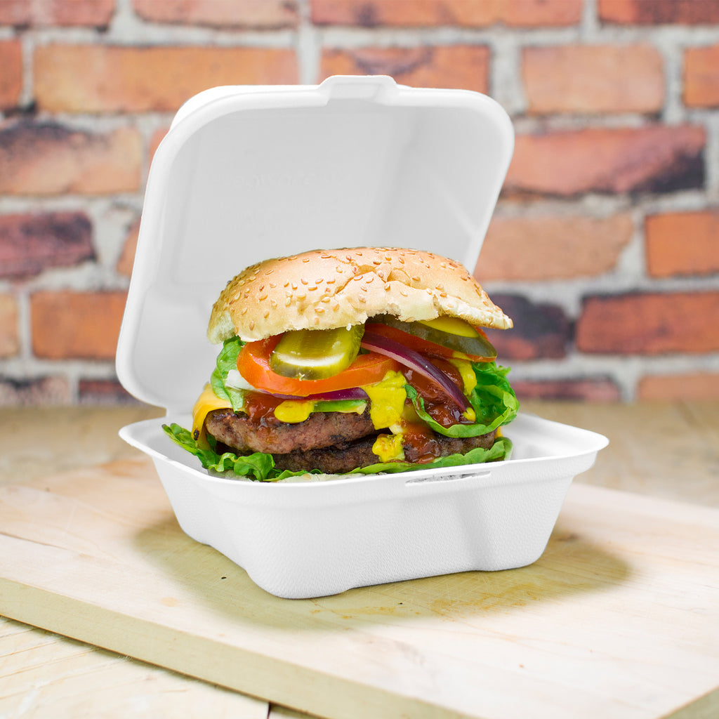 Burger Clam Regular 6 x 6" White - Sugarcane – Vegware