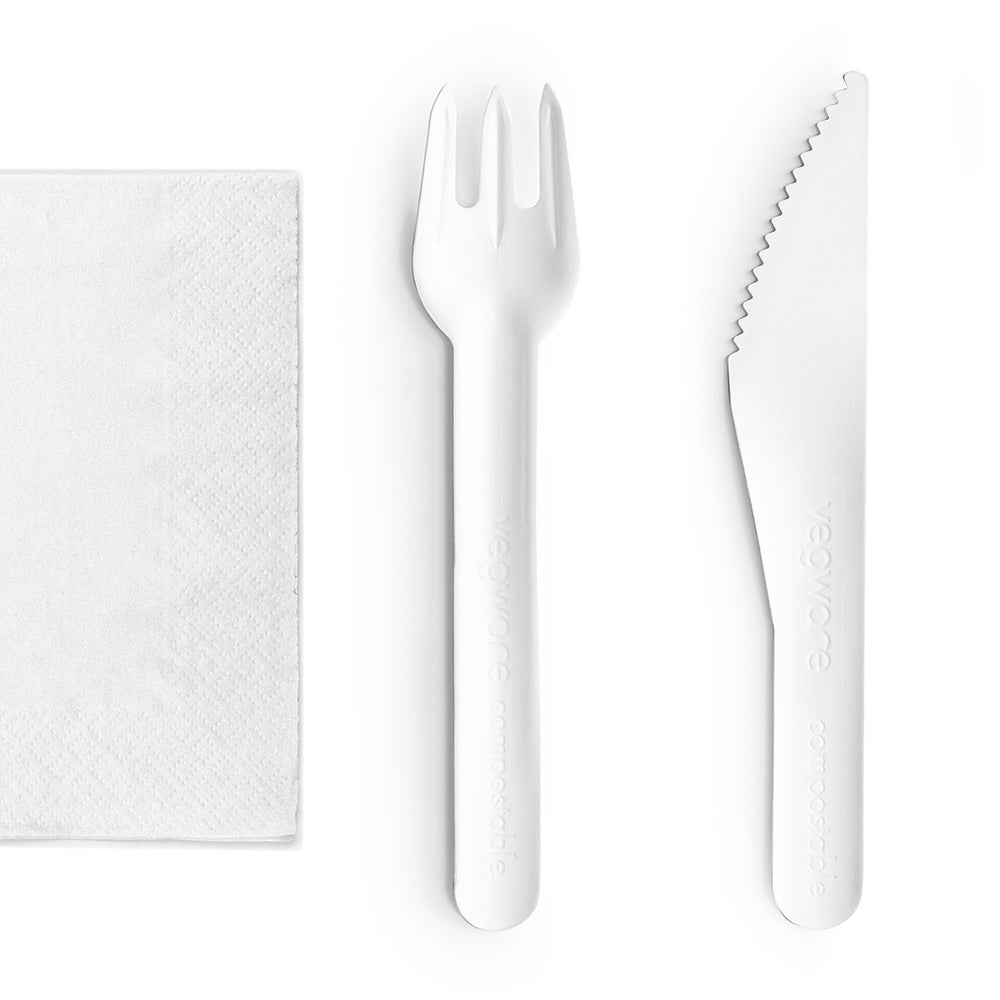 16cm High Grade Paper Cutlery Set - Knife, Fork, Napkin – Vegware